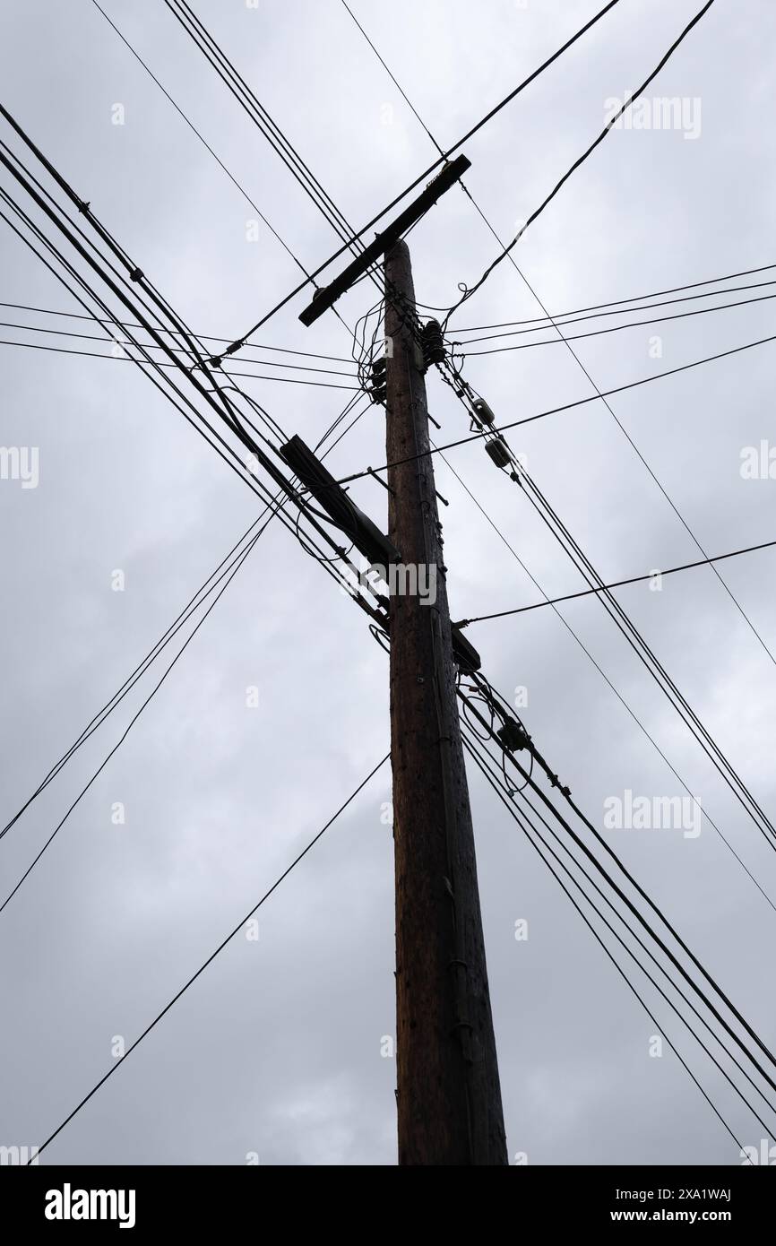 The telephone pole lines silhouetted against a cloudy sky Stock Photo ...