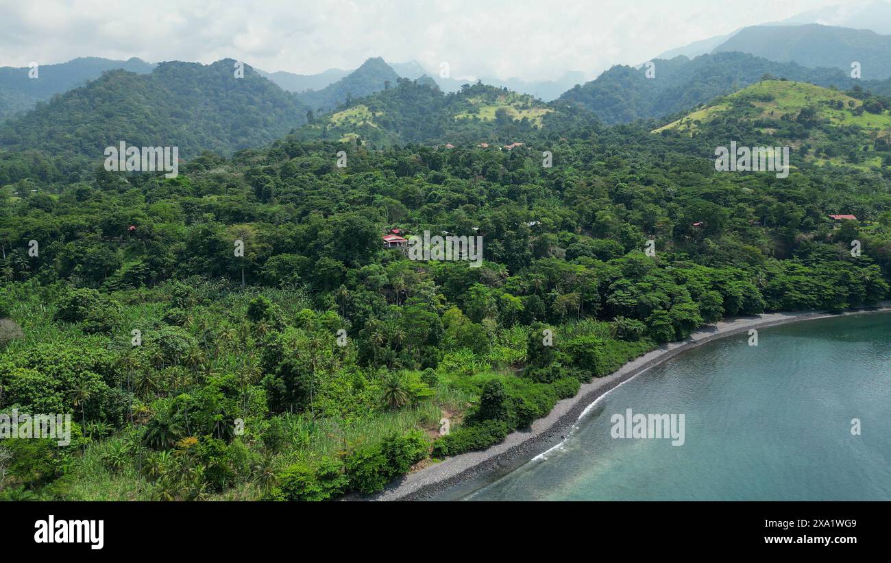 Aerial view of lush coastal hills in Sao Tome and Principe, Africa ...