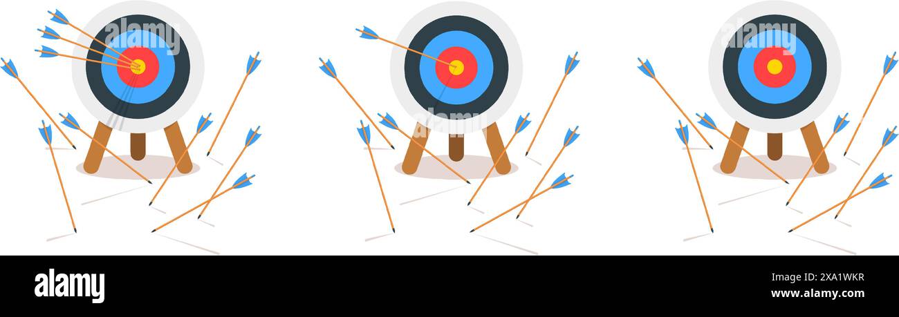 Set of archery dart boards with arrows hitting or missing bullseye ...