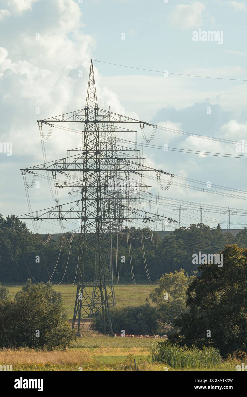 Multiple power pylons behind each other going through the field Stock ...