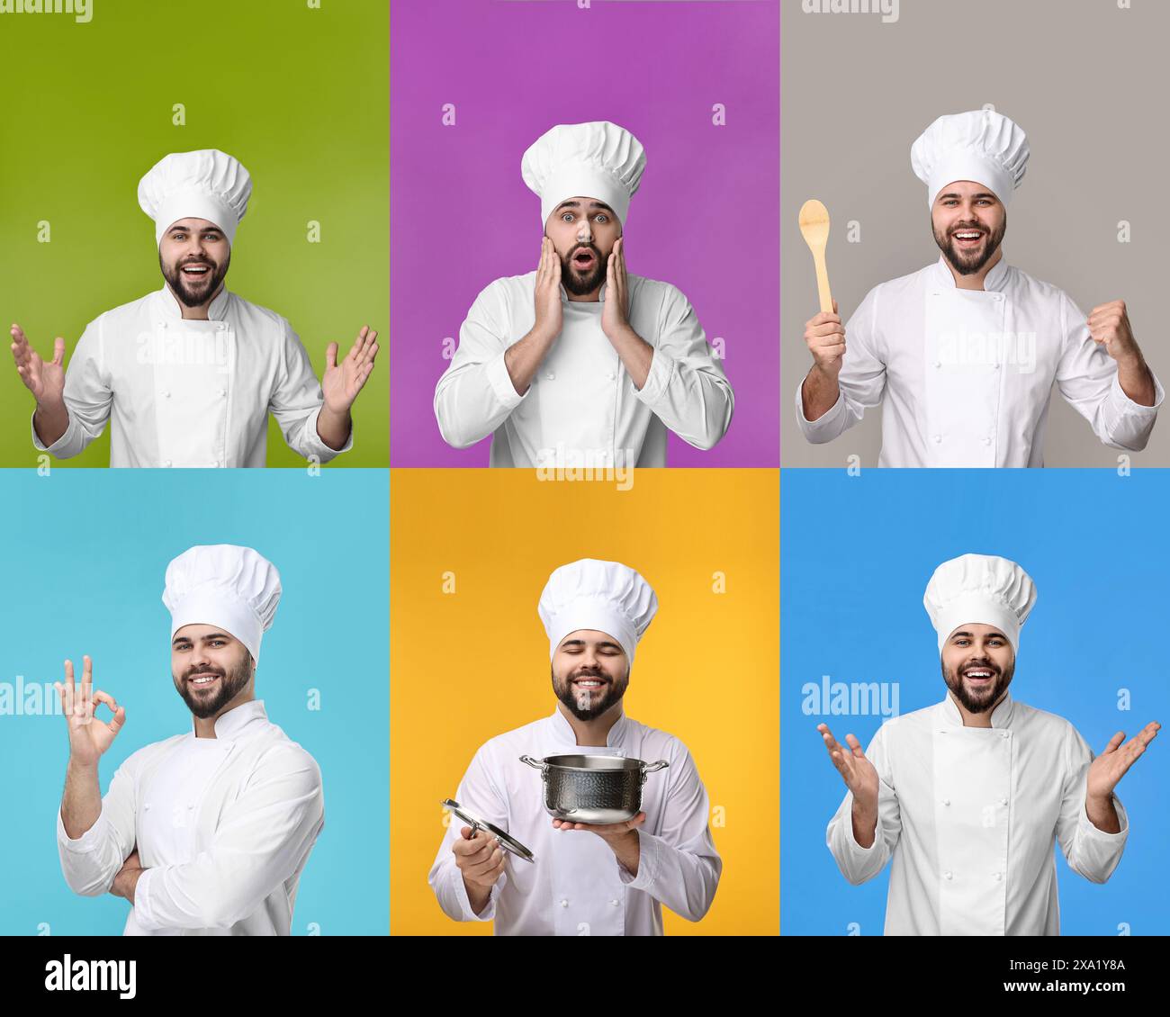Collage with photos of professional chef on different color backgrounds ...