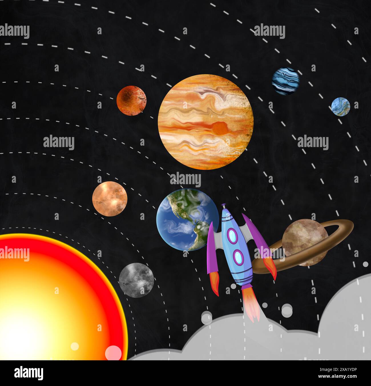 Rocket, planets and sun in space. Solar system Stock Photo - Alamy