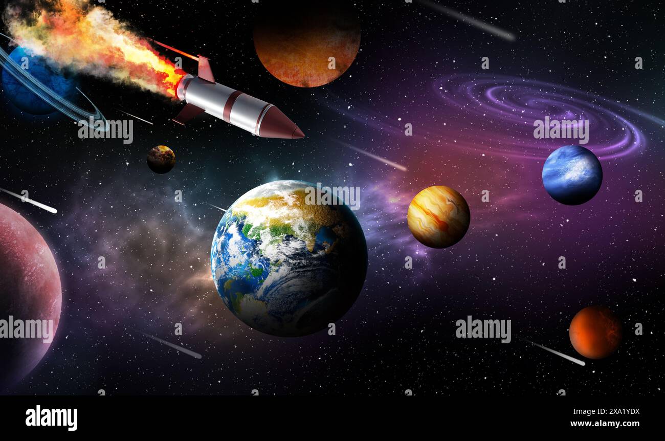 Rocket, planets and galaxy in deep space, banner design Stock Photo - Alamy