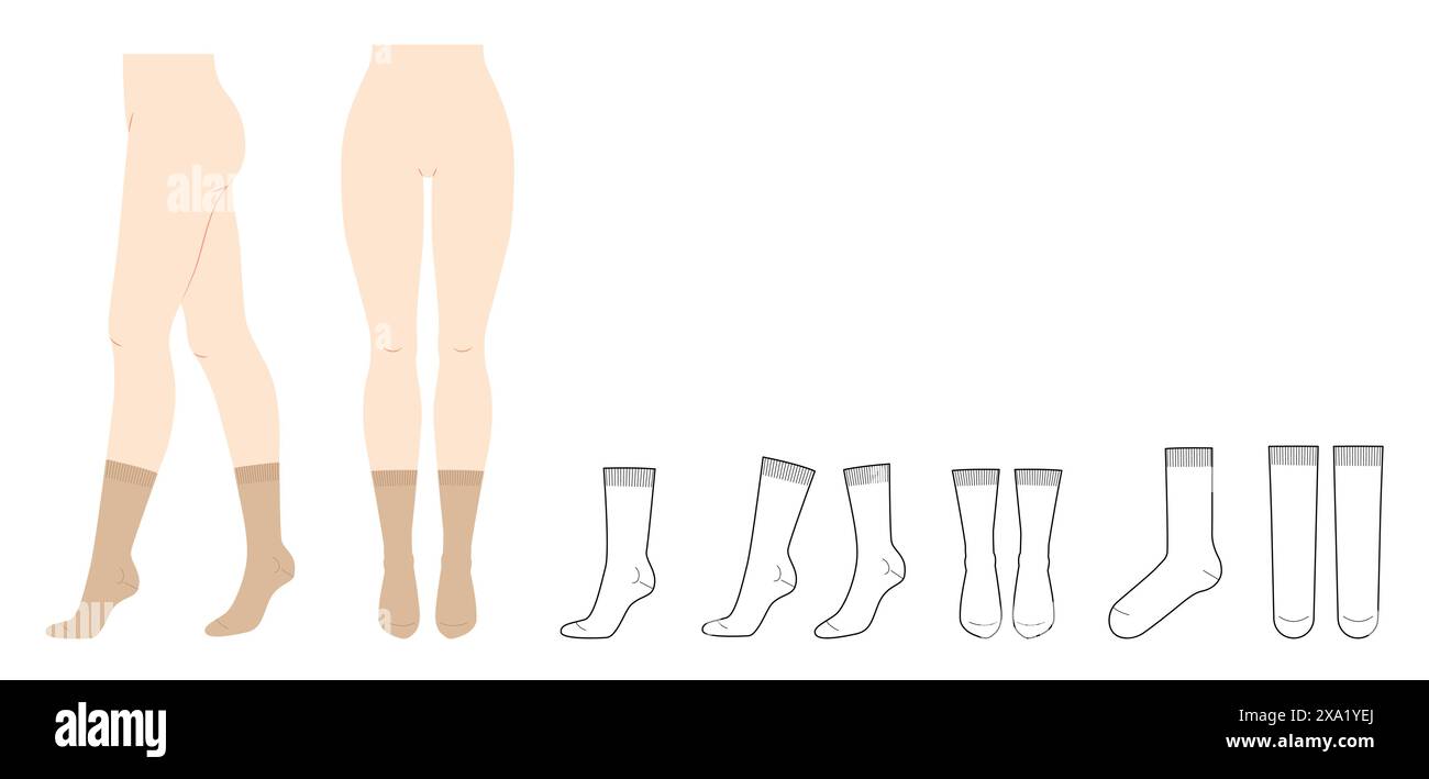 Mid Calf Socks set on women legs and CAD flat template mockup. Hosiery ...