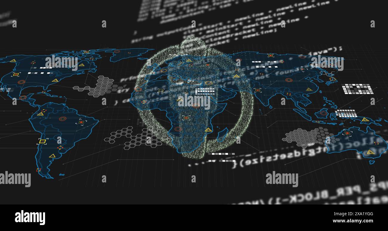 Image of profile icon over world map and data processing against black background Stock Photo ...