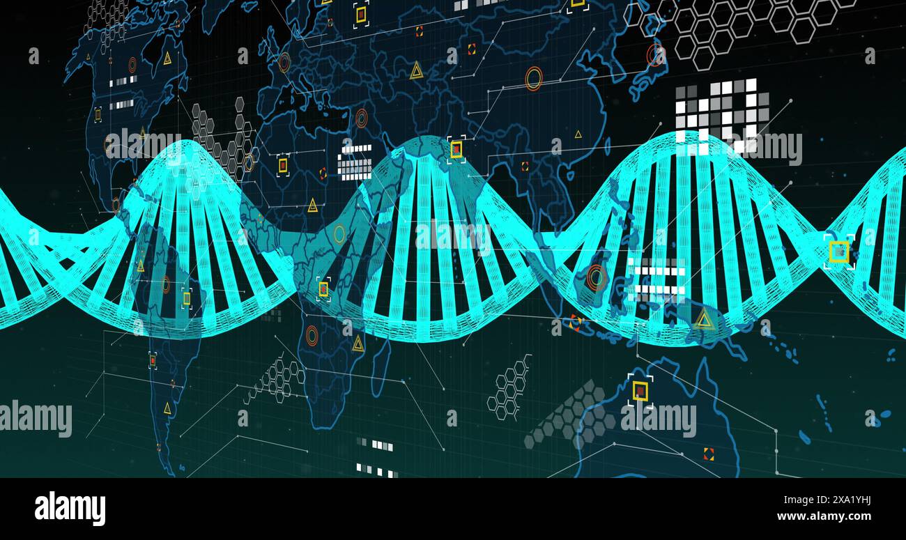 Image of spinning dna structure and world map against green gradient ...