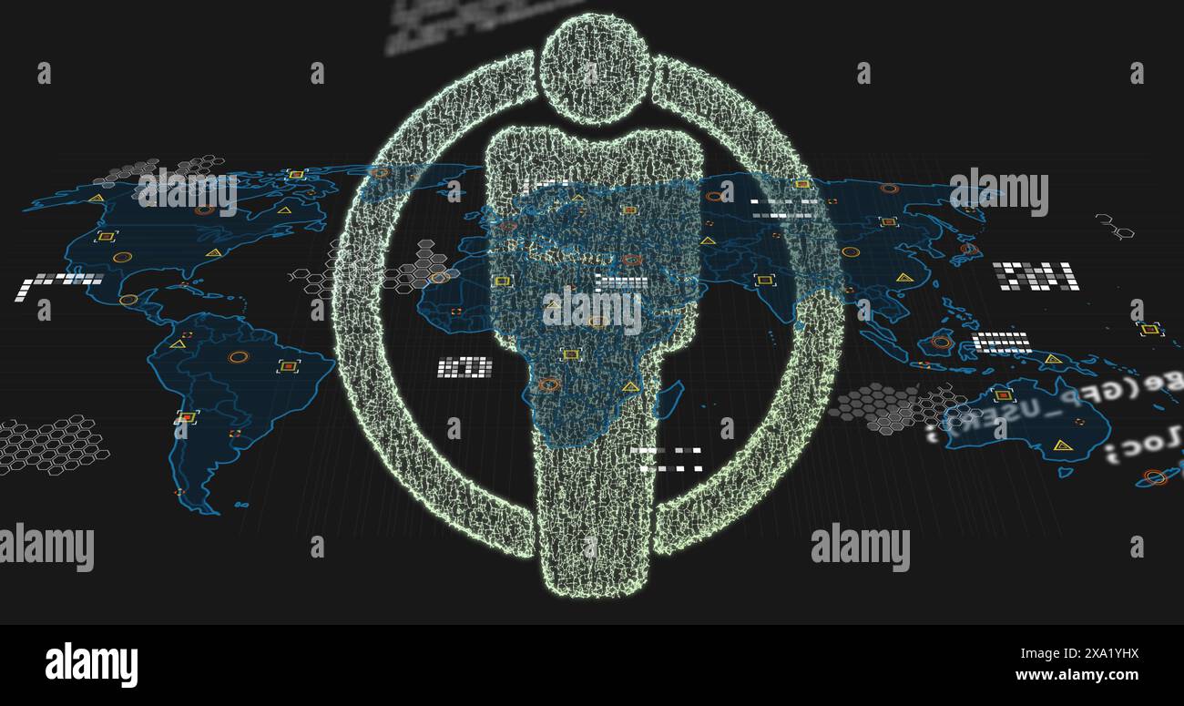 Image of profile icon over world map and data processing against black ...