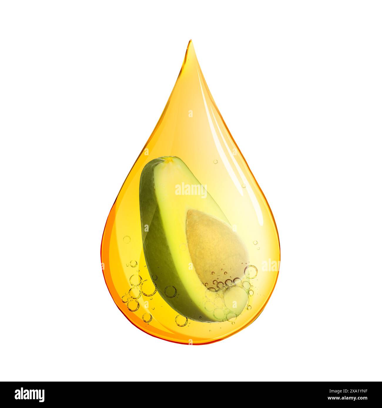Cooking oil drop with half of avocado inside on white background Stock ...
