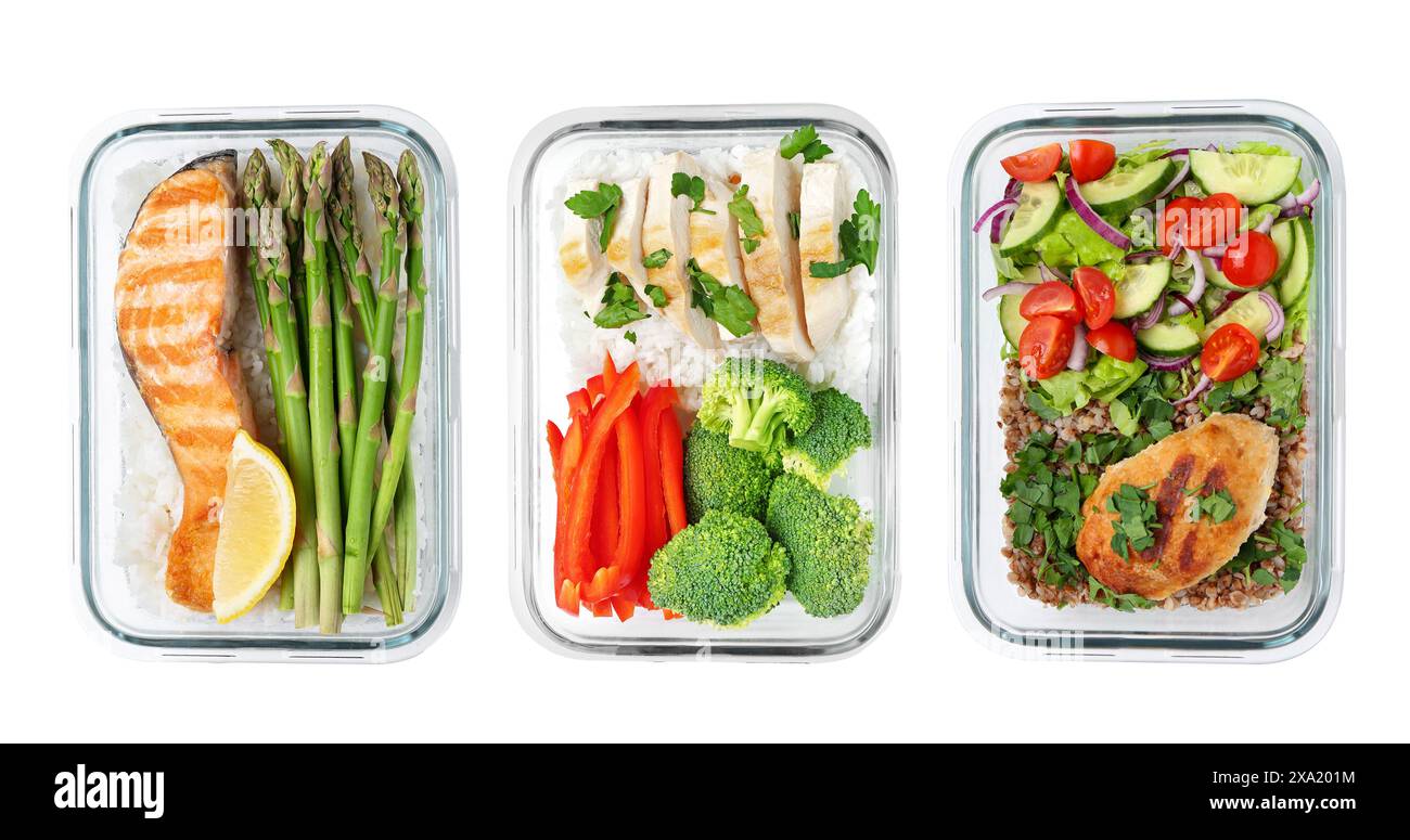 Different delicious meals in containers isolated on white, top view ...