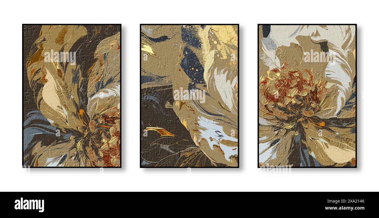 Abstract art watercolor painting, stylish modern art, triptych, flower, texture, gold, splash ...