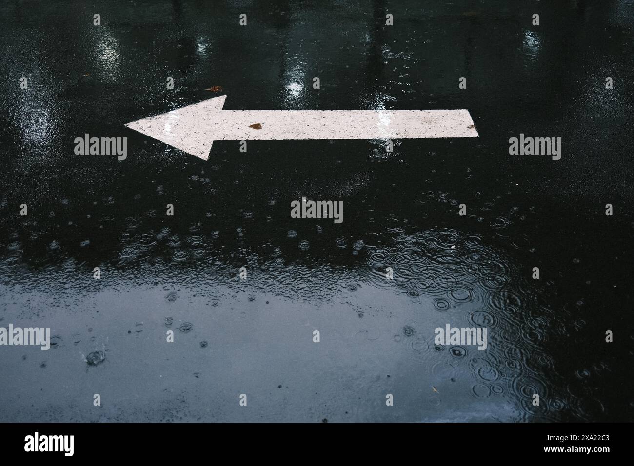 White arrow on wet urban street after rain Stock Photo - Alamy