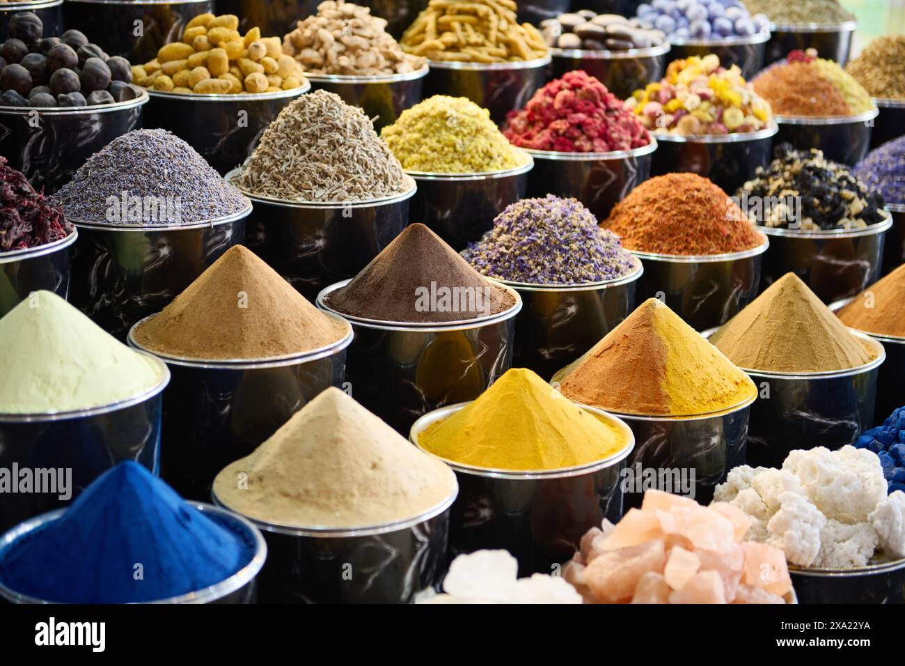 Assorted spices on display at a market stall Stock Photo - Alamy