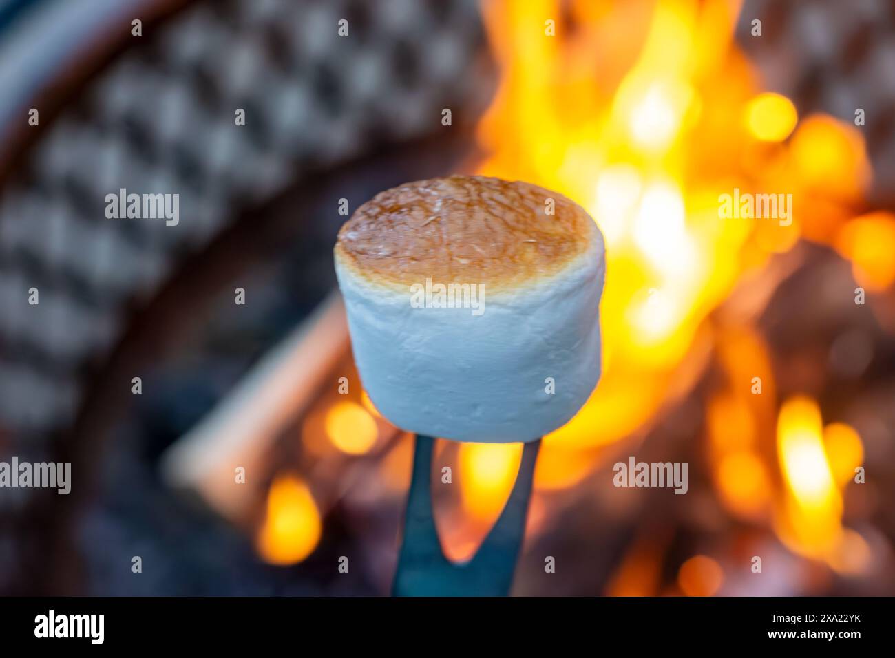Focus is on a mashmallow stuck on a fork for roasting. Fire blurred in ...