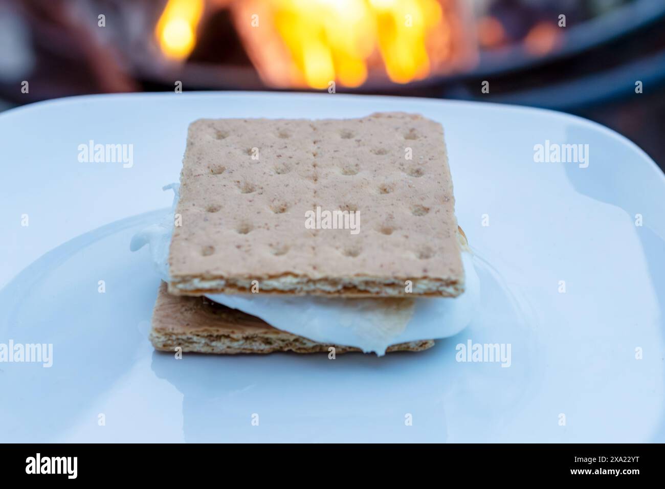 The making of a smore: Finished smore ready to eat. Campfire in ...