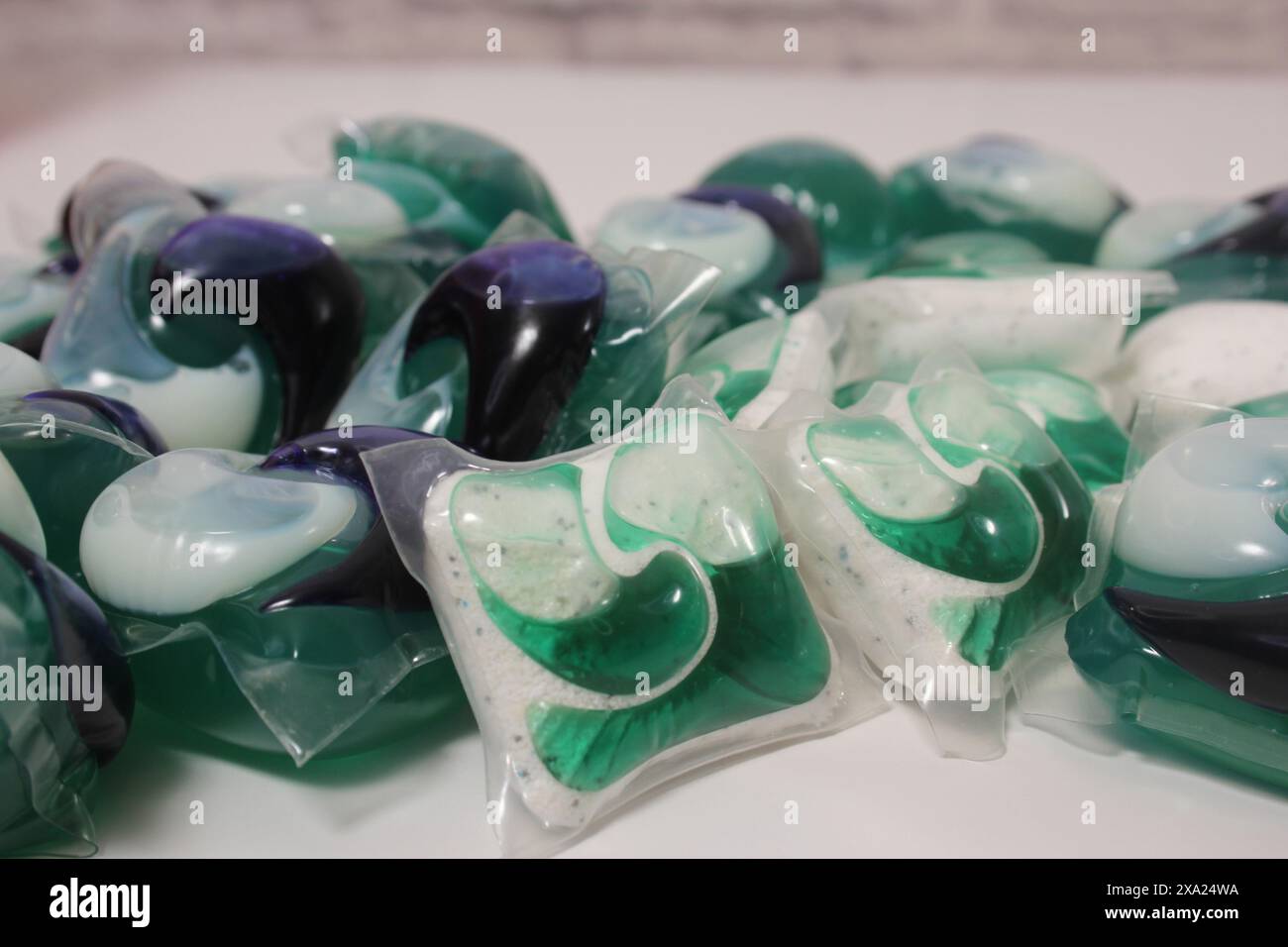 The stacked capsules of laundry detergent gel Stock Photo - Alamy