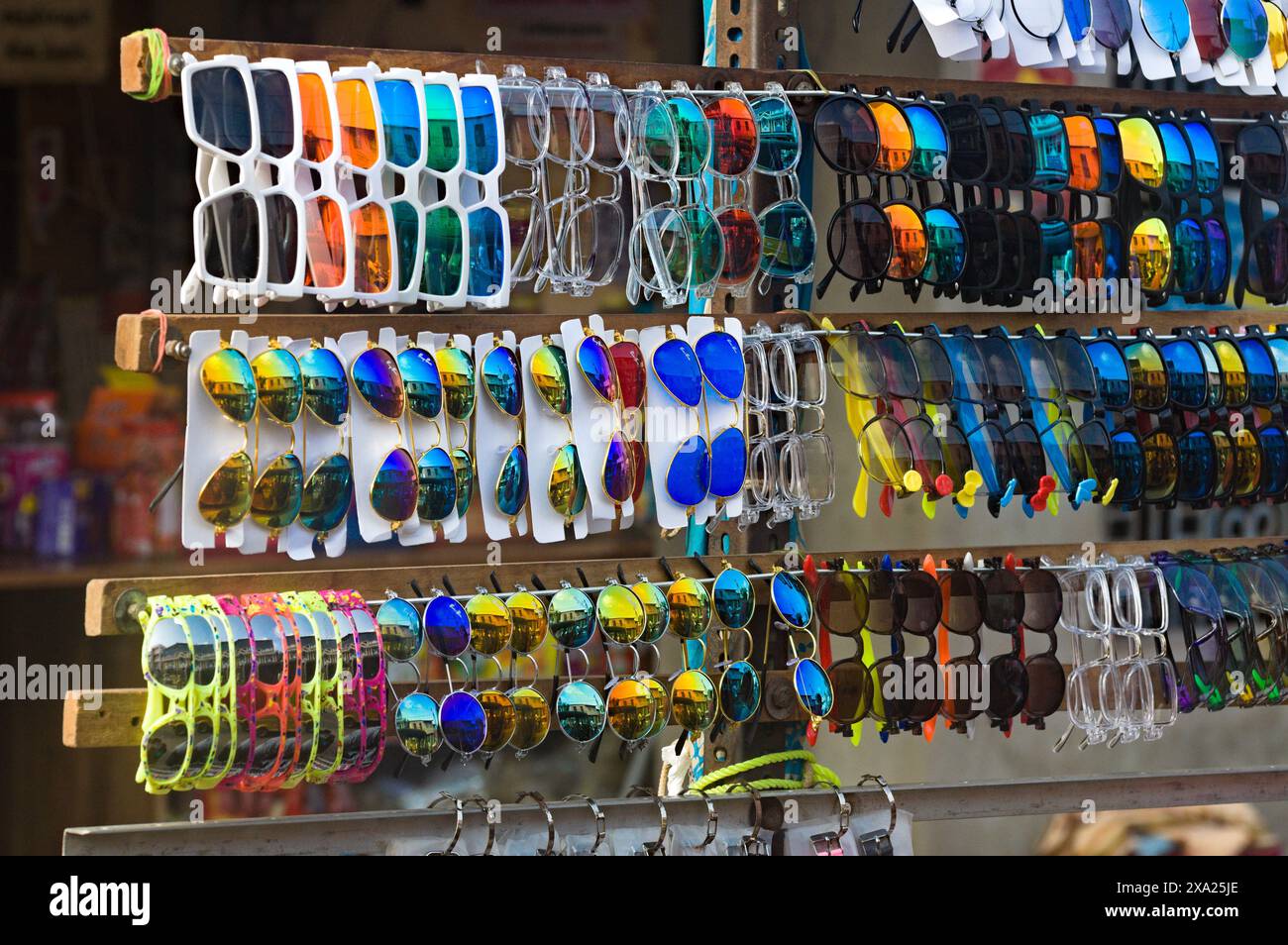 Colorful eye-glasses on display in a street side makeshift shop at ...
