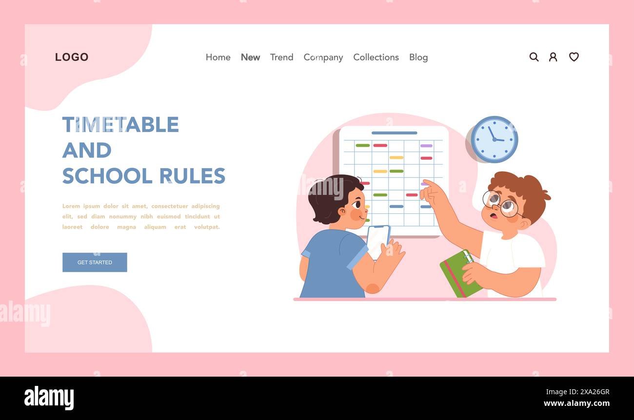 Timetable and school rules web or landing. Two schoolboys studying ...