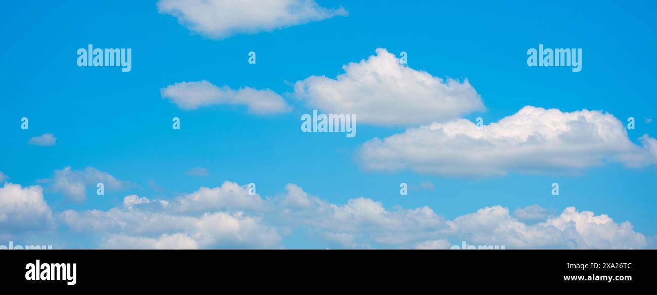 Panorama blue sky fluffy white cloud summertime on light sunny day ...