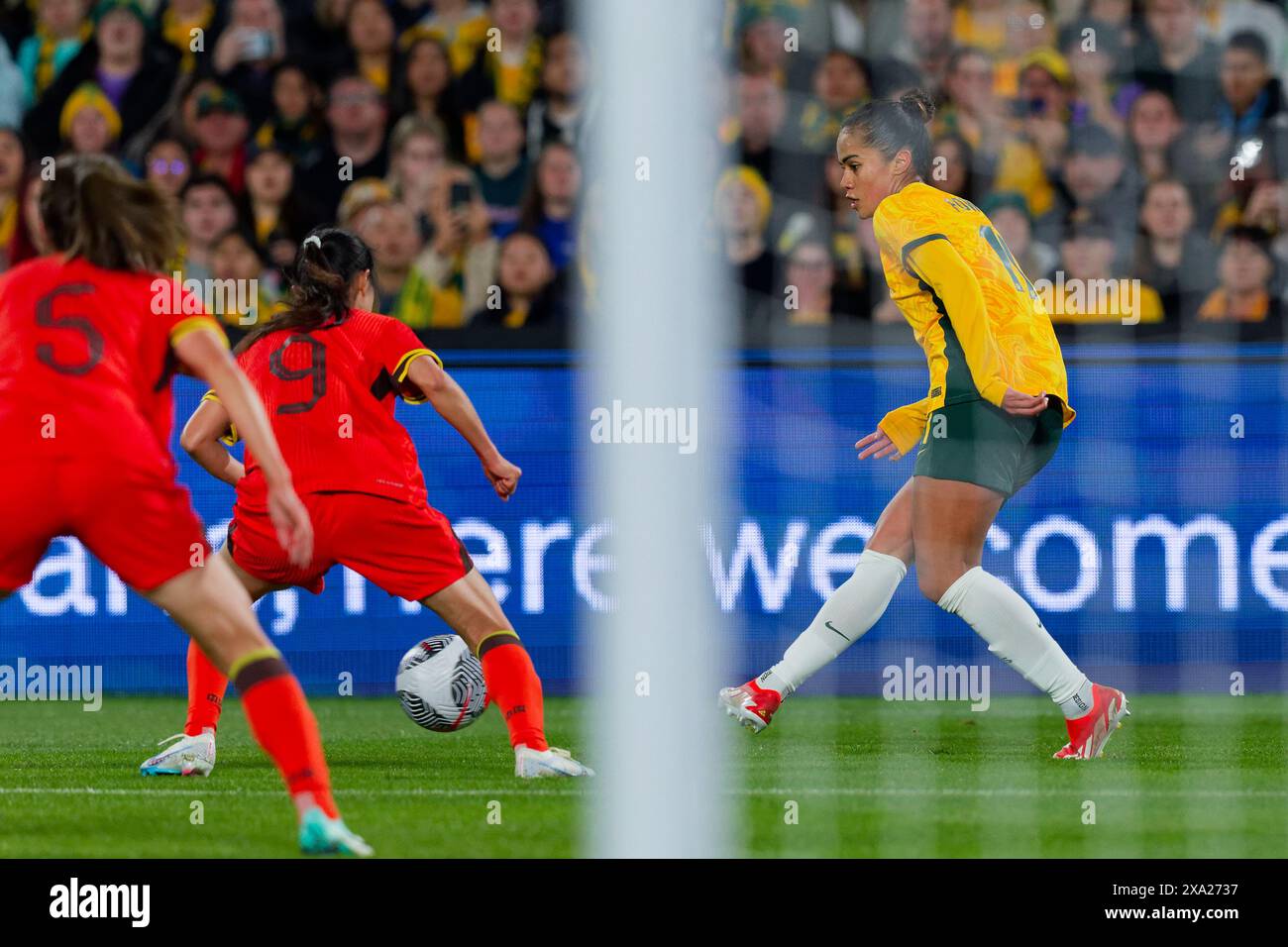 Mary Fowler of Australia passes the ball during the international ...