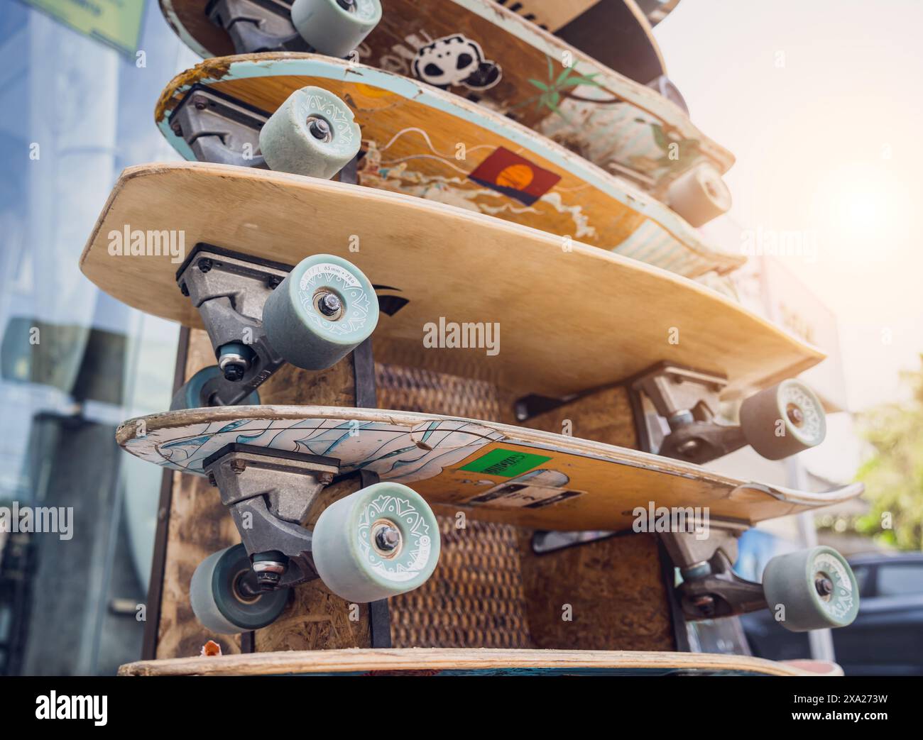 A stack of skateboards on a special outdoor stand Stock Photo - Alamy