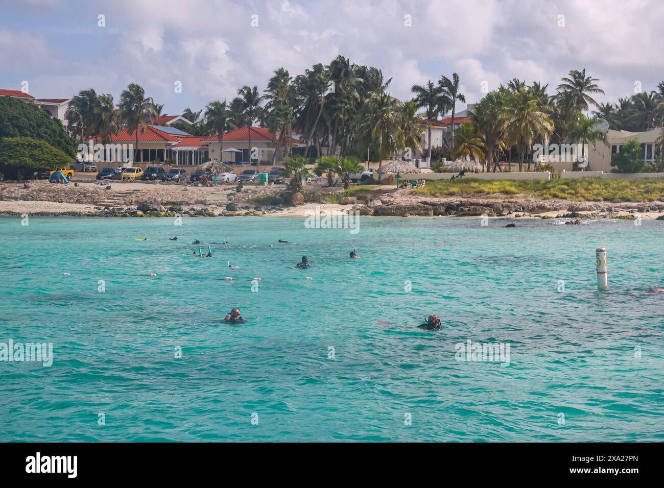 Tourists snorkel at the popular tropical blue Boca Catalina Beach ...