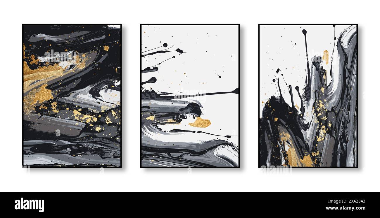 A collection of three abstract paintings on canvas featuring splashes ...