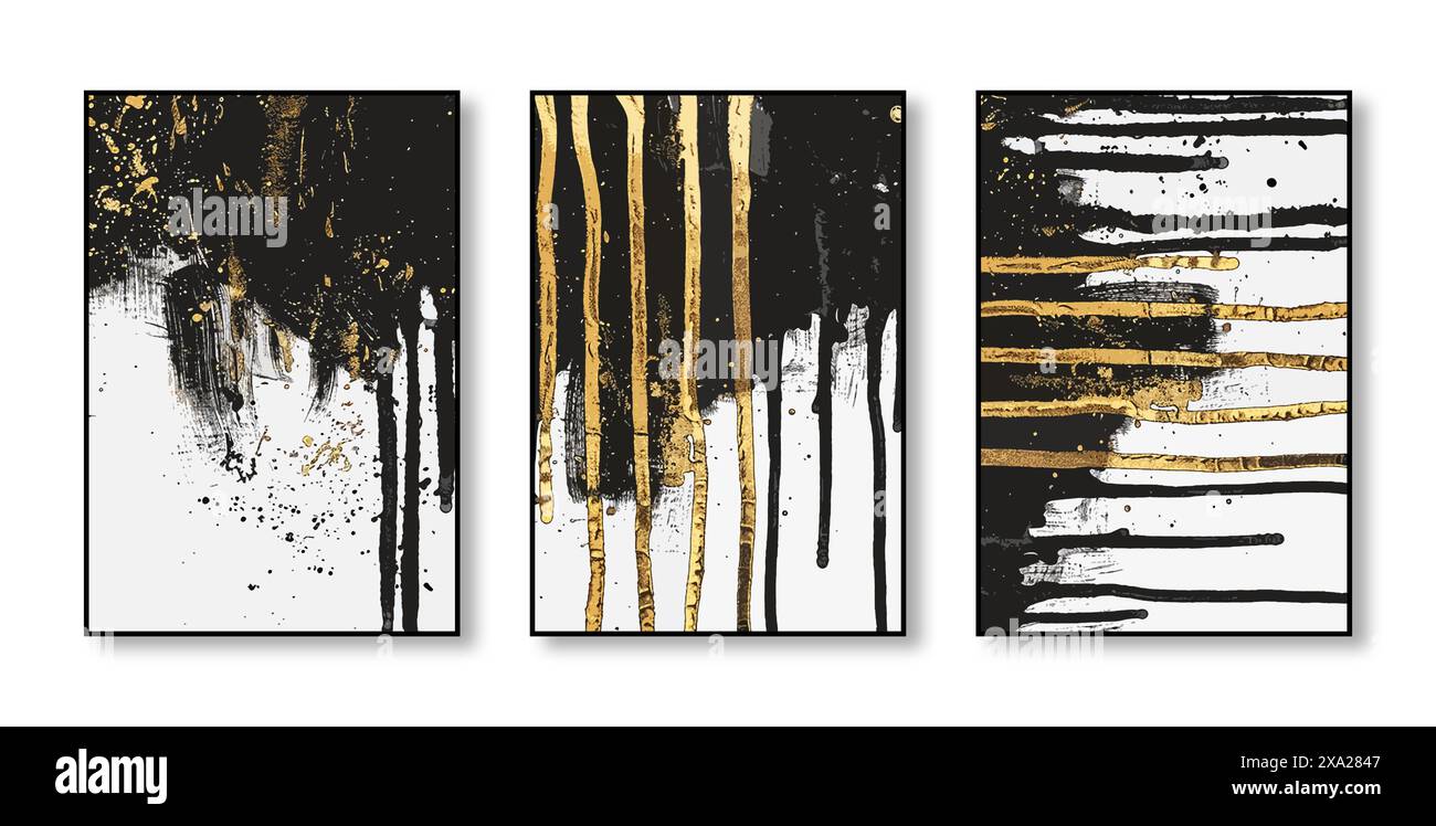 Three contemporary artworks featuring black, gold, and white linear ...