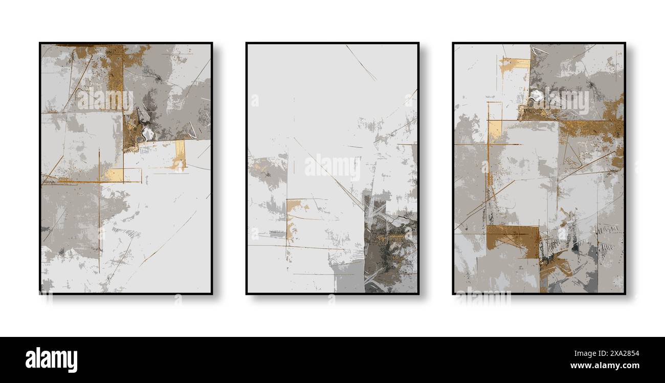 Three art pieces displayed on a wall in close proximity Stock Photo - Alamy