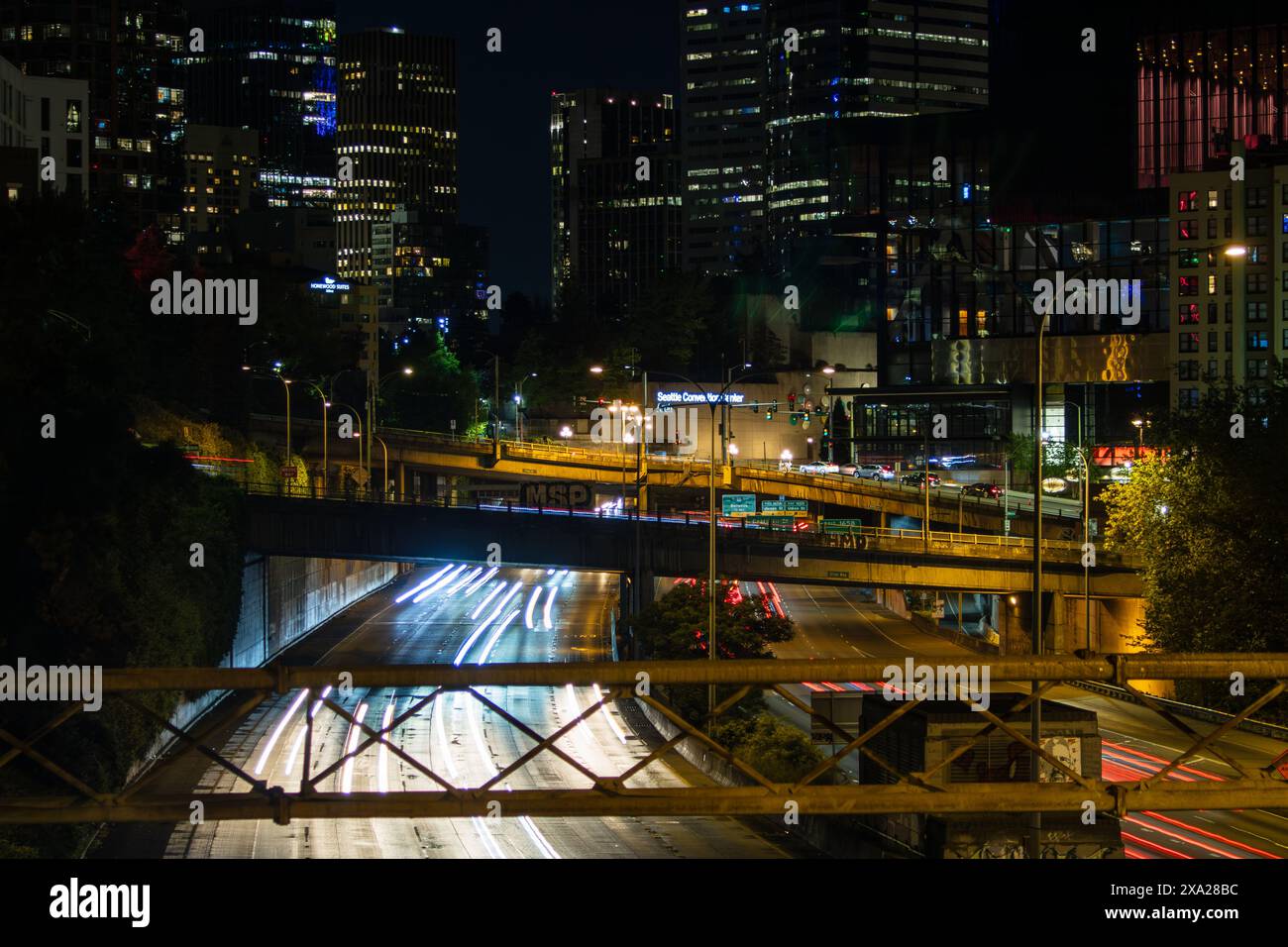 Seattle I-5 interstate long exposure at night, car headlights and ...