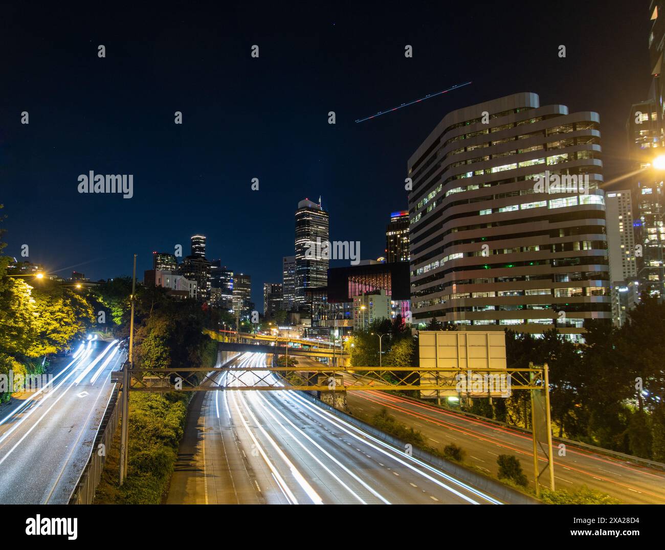 Seattle I-5 interstate long exposure at night, car headlights and ...