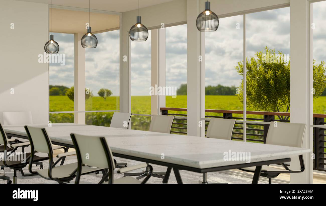 The interior design of a contemporary meeting room features a large ...