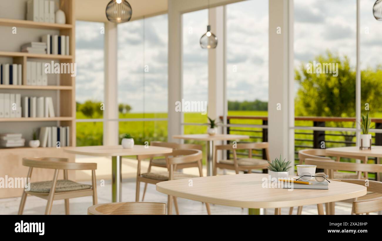 A minimalist contemporary coffee shop indoor seating area features ...