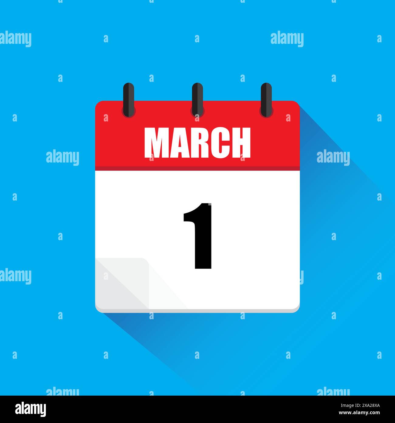 March 1 calendar. Red and white. Blue background. Vector illustration ...
