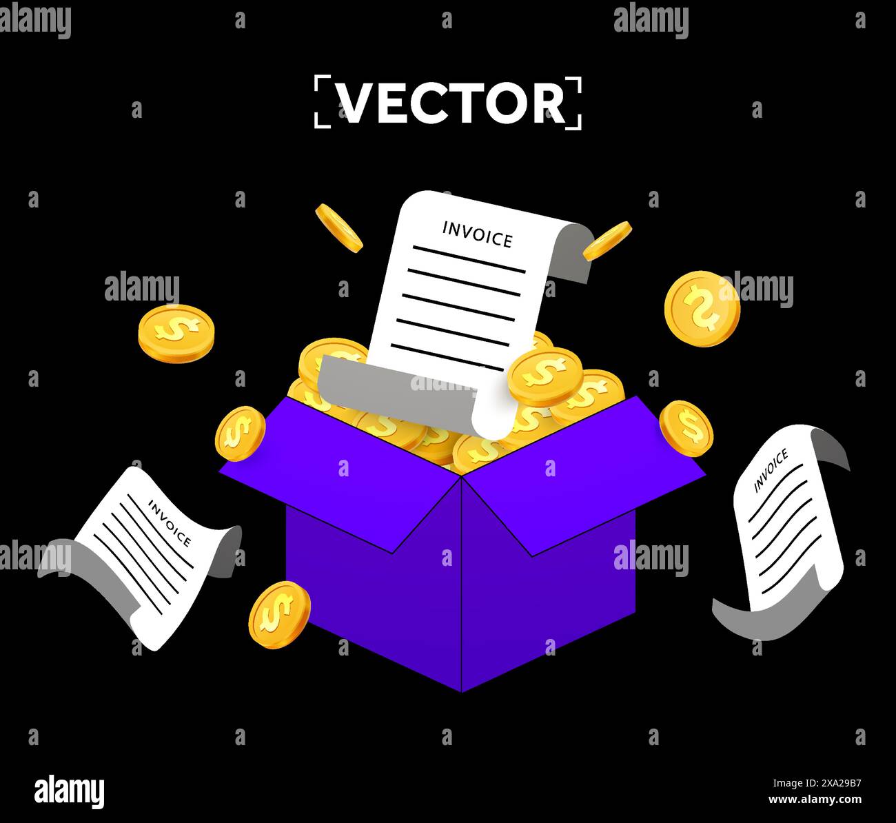 3d dozens of golden coins in a opened gift box with flying invoices ...