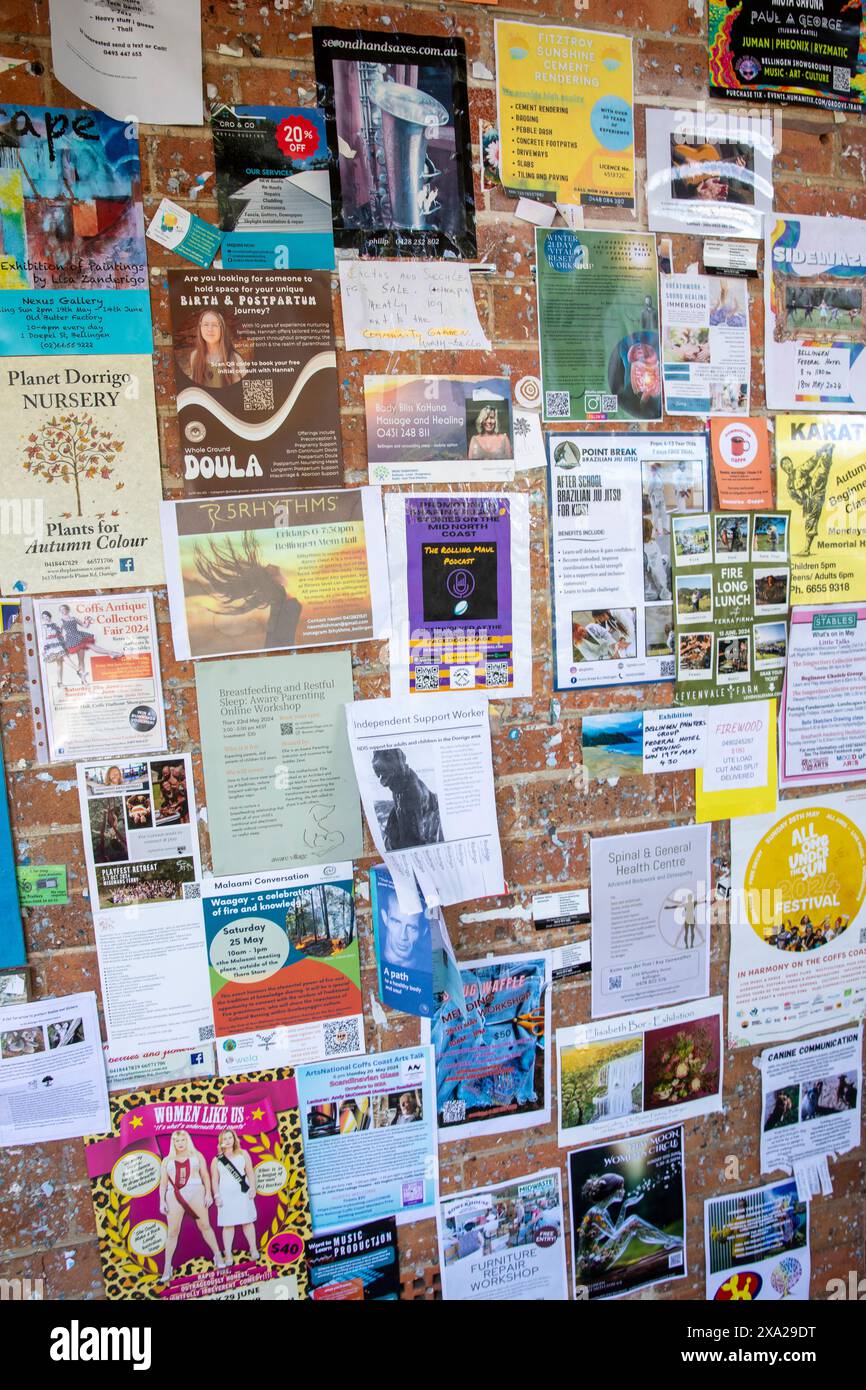 Community noticeboard and posters flyers on a wall in Bellingen town ...