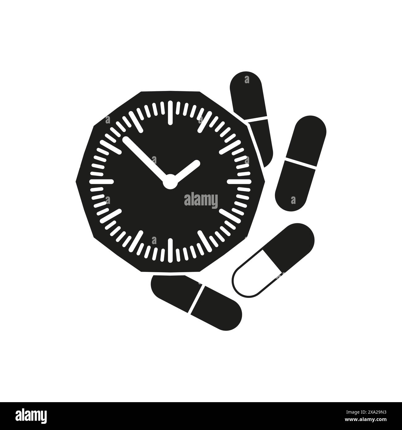 Clock and pills in black and white. Time to take medication concept ...