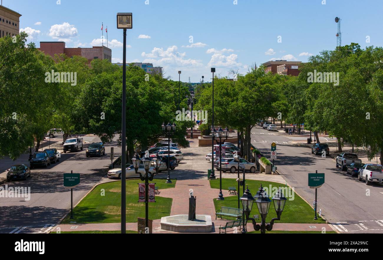 City street lined with abundant trees and lush grass in Downtown ...