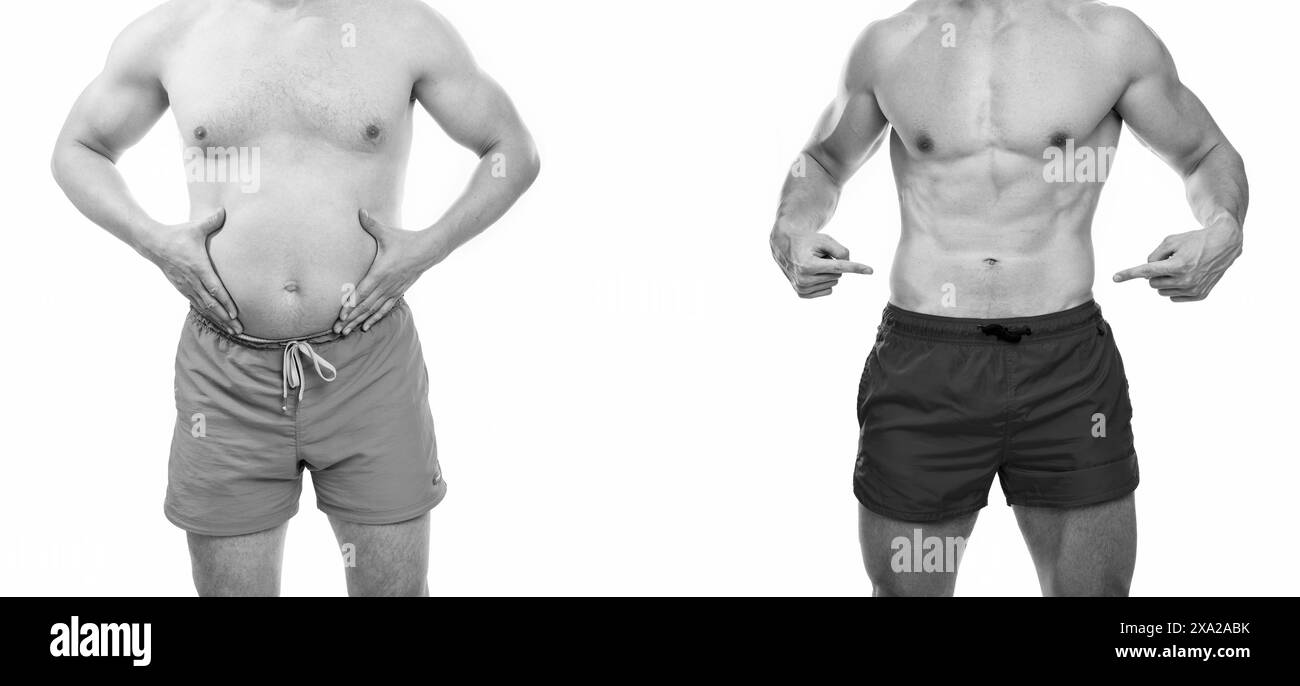 before and after body comparison of men in studio, advertisement ...