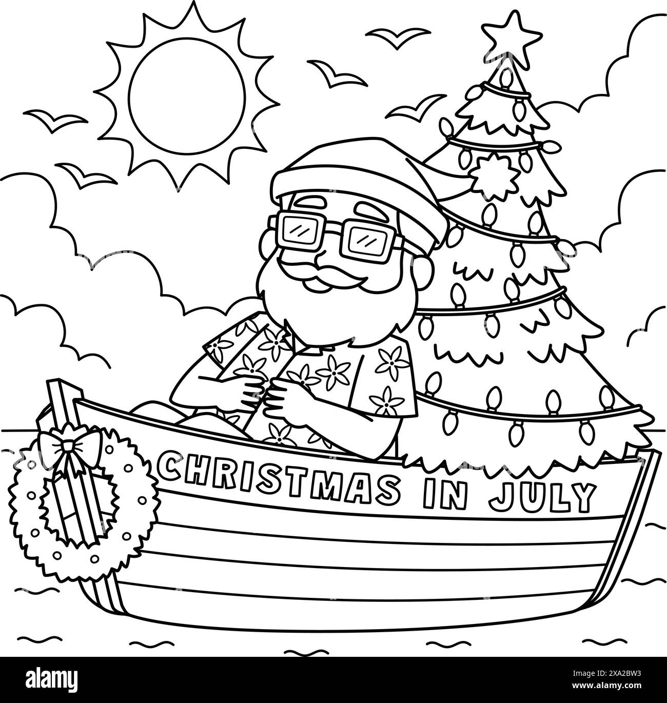 Christmas in July Santa on a Boat Coloring Page Stock Vector Image ...