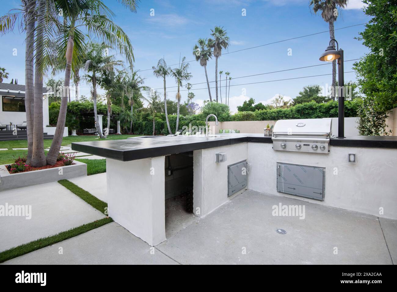 An outdoor kitchen with palm trees backdrop in a modern new ...