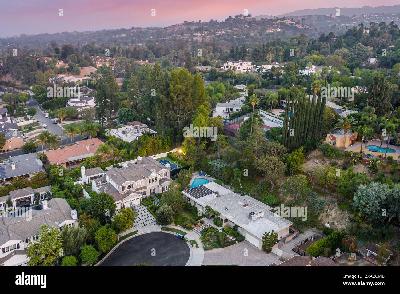 An aerial view of a modern new construction home in Encino, California ...