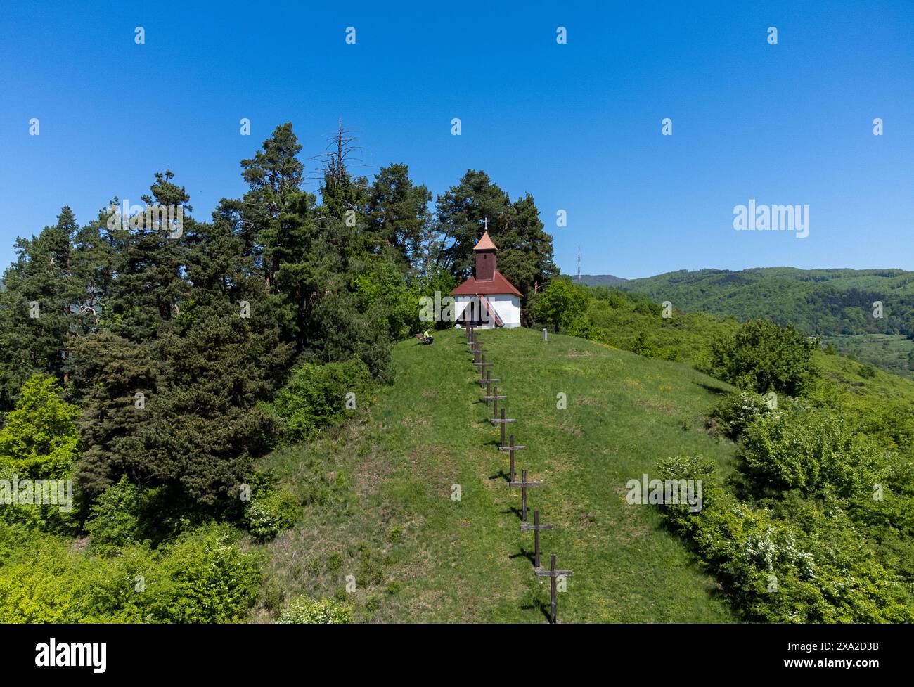 An aerial view of a Catholic chapel with 14 crosses in Sovata, Romania ...