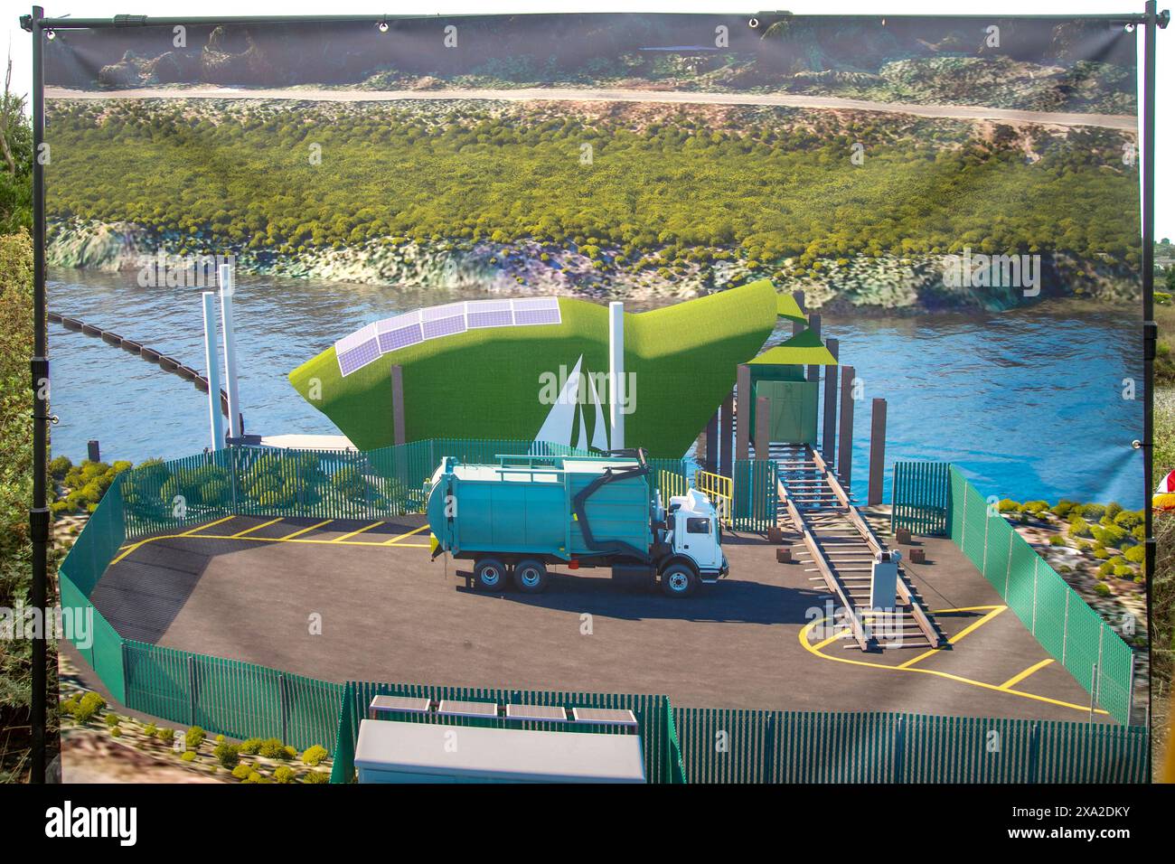 Display painting of a floating trash interceptor in the harbor of ...