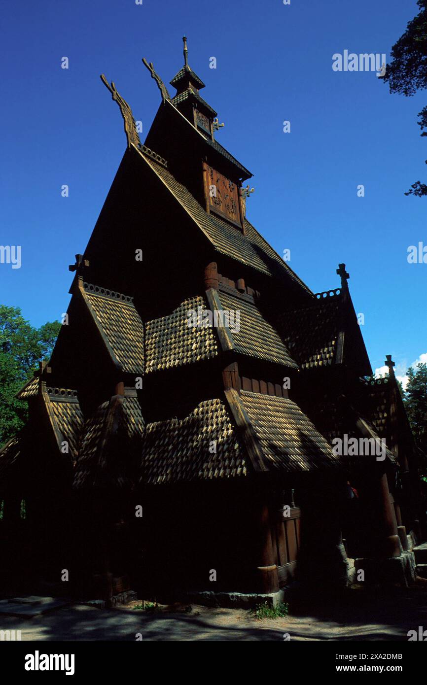 Roof of 12th century Gol Stave Church with decorative dragon heads ...
