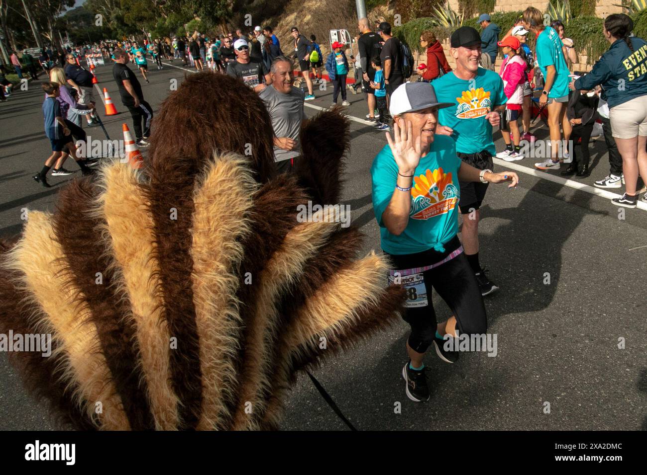 An entertainer in a turkey costume encourages foot race contestants at ...