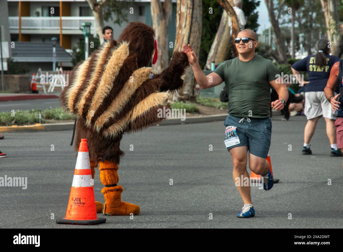 An entertainer in a turkey costume encourages foot race contestants at ...