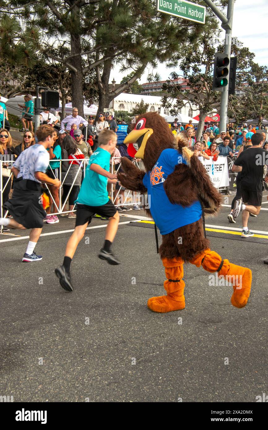 An entertainer in a turkey costume encourages foot race contestants at ...
