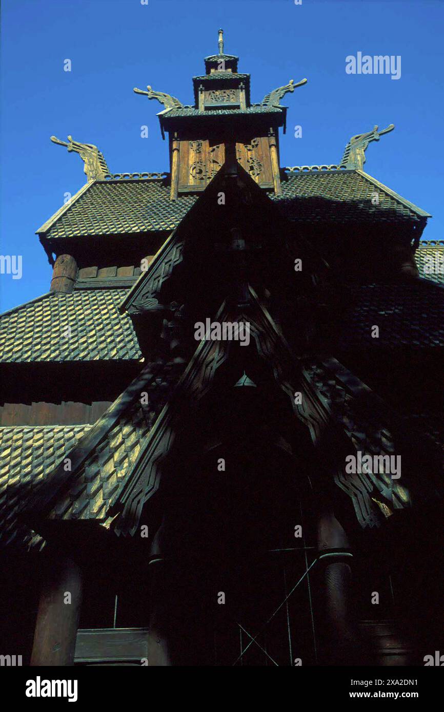 Roof of 12th century Gol Stave Church with decorative dragon heads ...