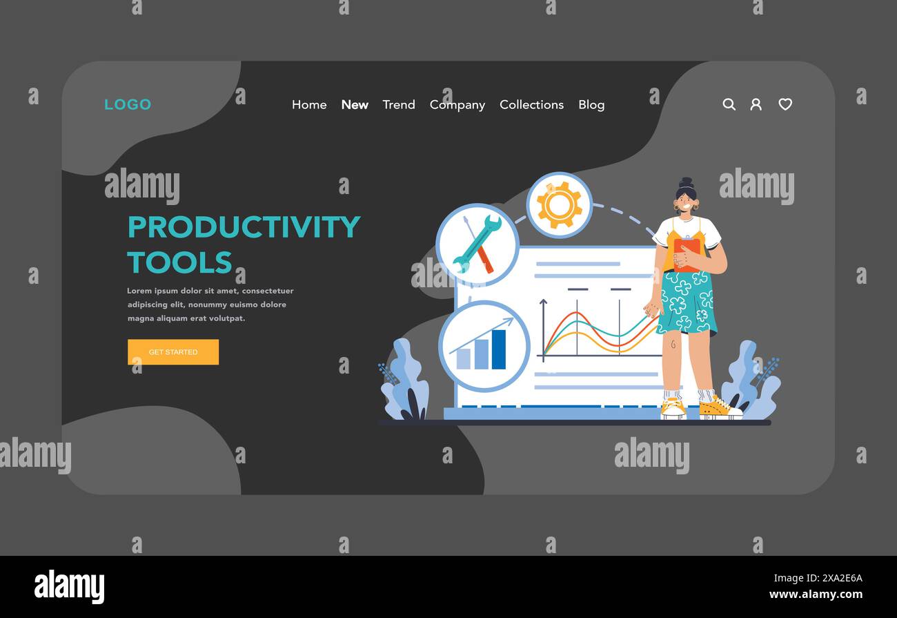 Productivity Tools night or dark mode web or landing page. Harnessing analytical instruments for ...