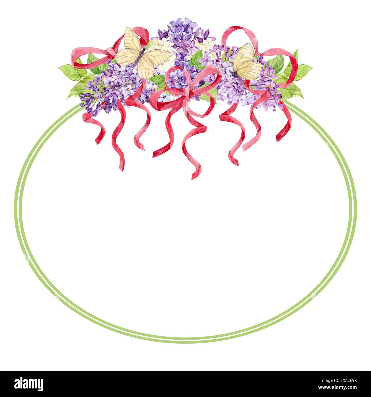Oval frame with lilacs, white butterflies and pink satin ribbons ...